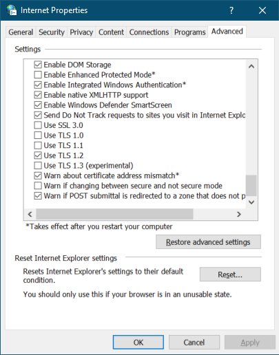Windows Internet Properties Security Protocols